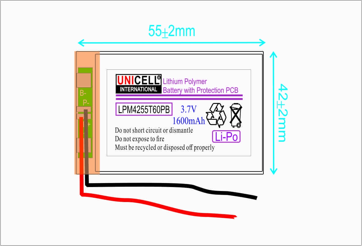 3.7V 1600mAh 604255 Lithium polymer battery | Unicell